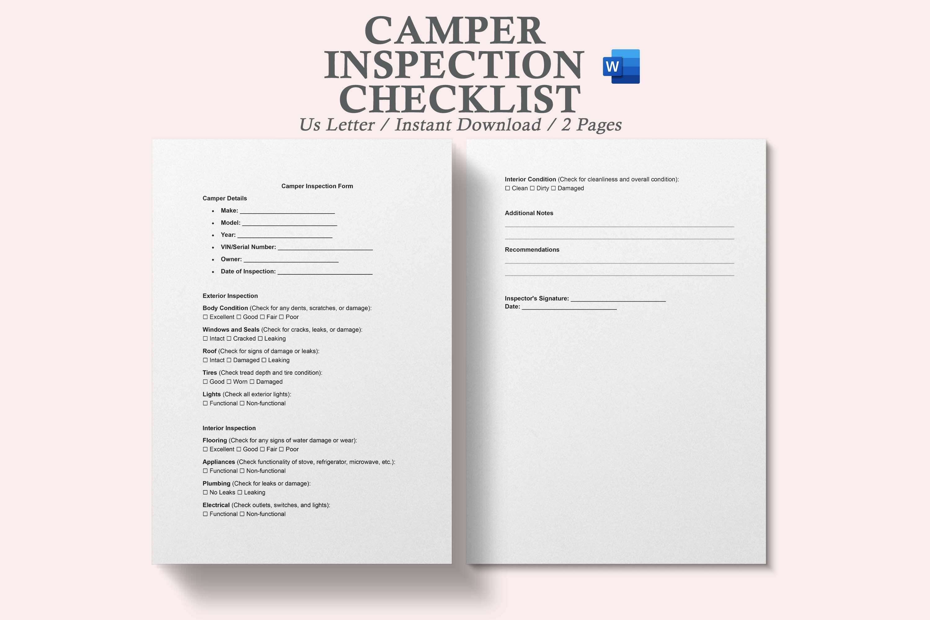 Camper Inspection Form,diy Camper Form,camper Safety Form,camper Form ...
