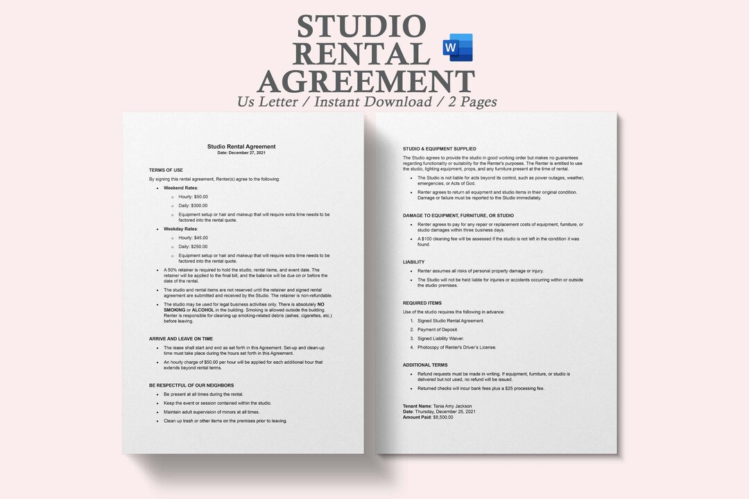 Studio Rental Agreement,studio Rental Contract,studio Rental Contract ...