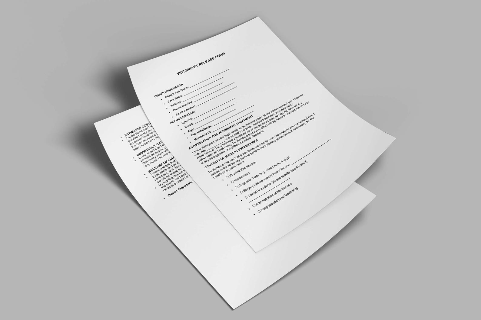 Veterinary Form,veterinary Intake Form,veterinary Release Form ...