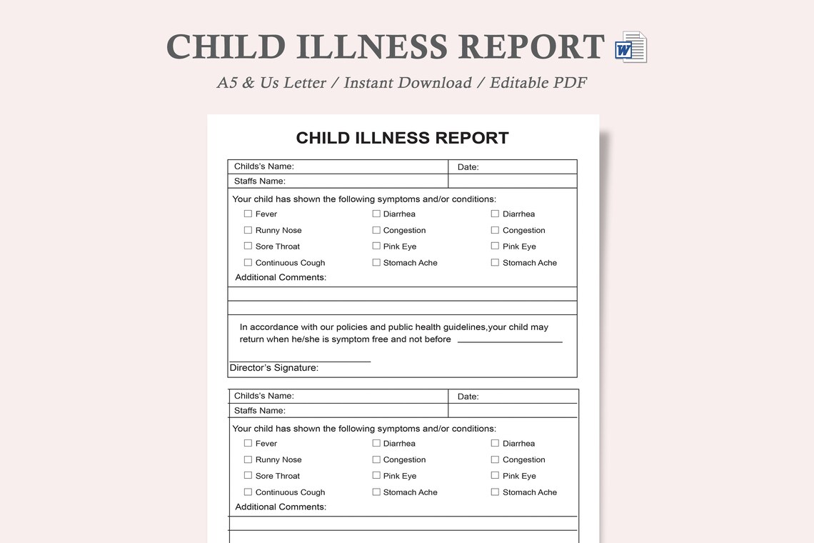 Child Illness Report,illness Report,illness Tracker,illness Report for ...
