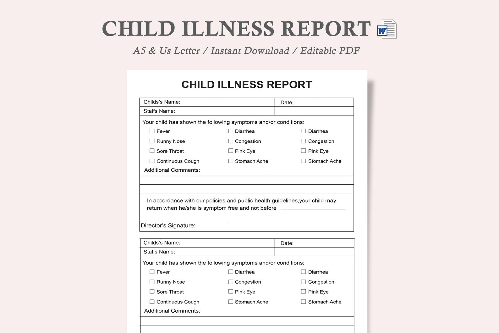 Child Illness Report,illness Report,illness Tracker,illness Report for ...
