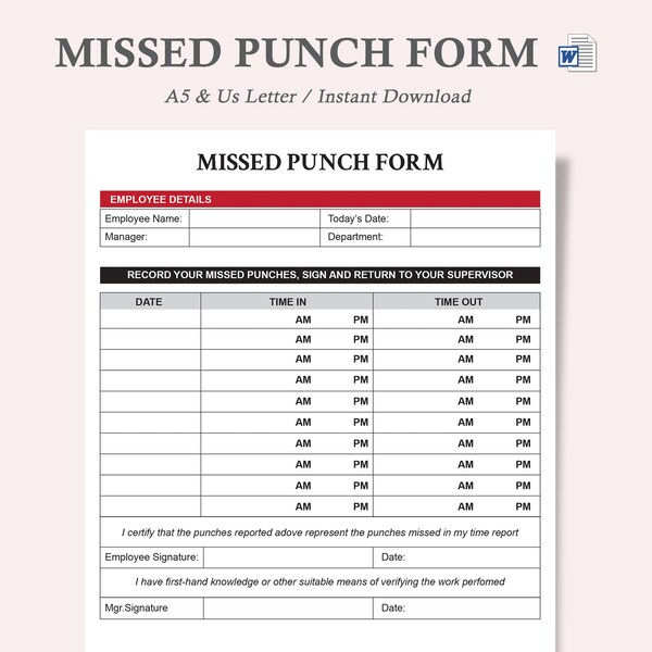 Missed Time Clock Punch Form Template - Etsy UK