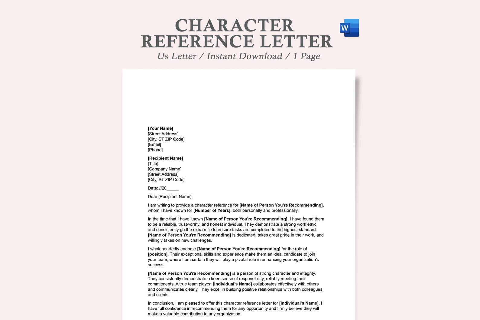 Character Reference Letter,character Reference Template,personal ...