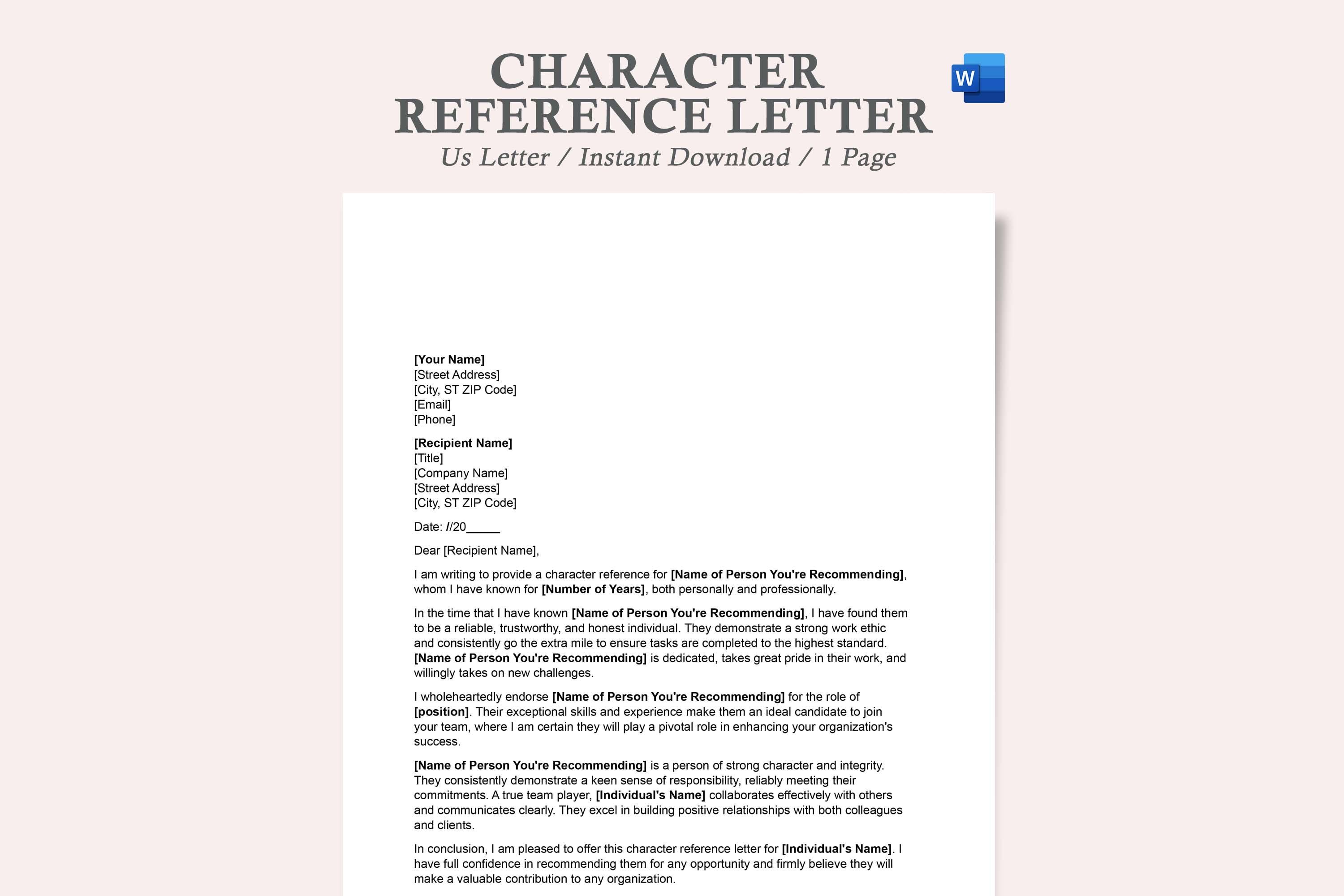Character Reference Letter,character Reference Template,personal ...