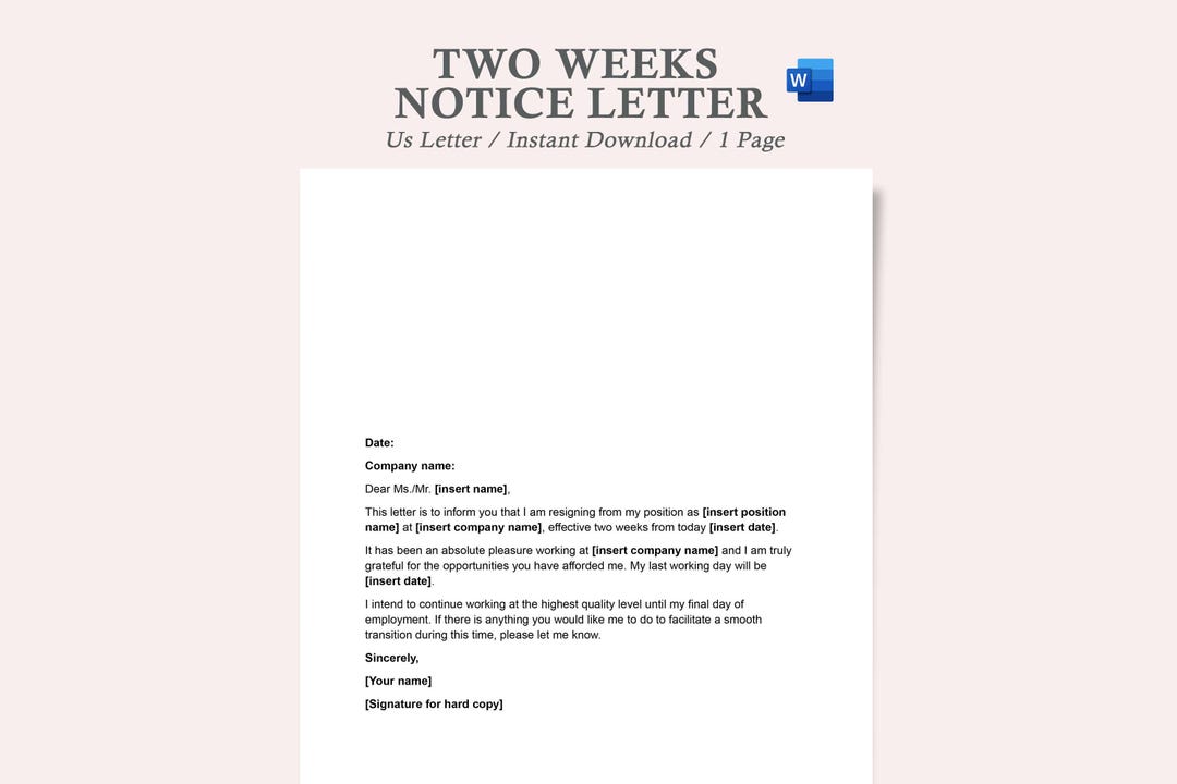 Two Weeks Notice Letter,two Weeks Notice Template,2 Week Notice Letter ...