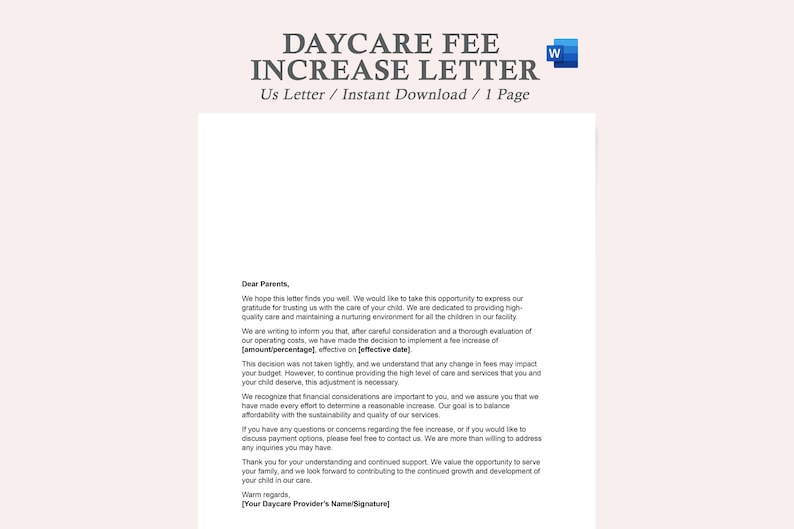 Daycare Fee Increase Letter,daycare Tuition Increase Letter,daycare ...