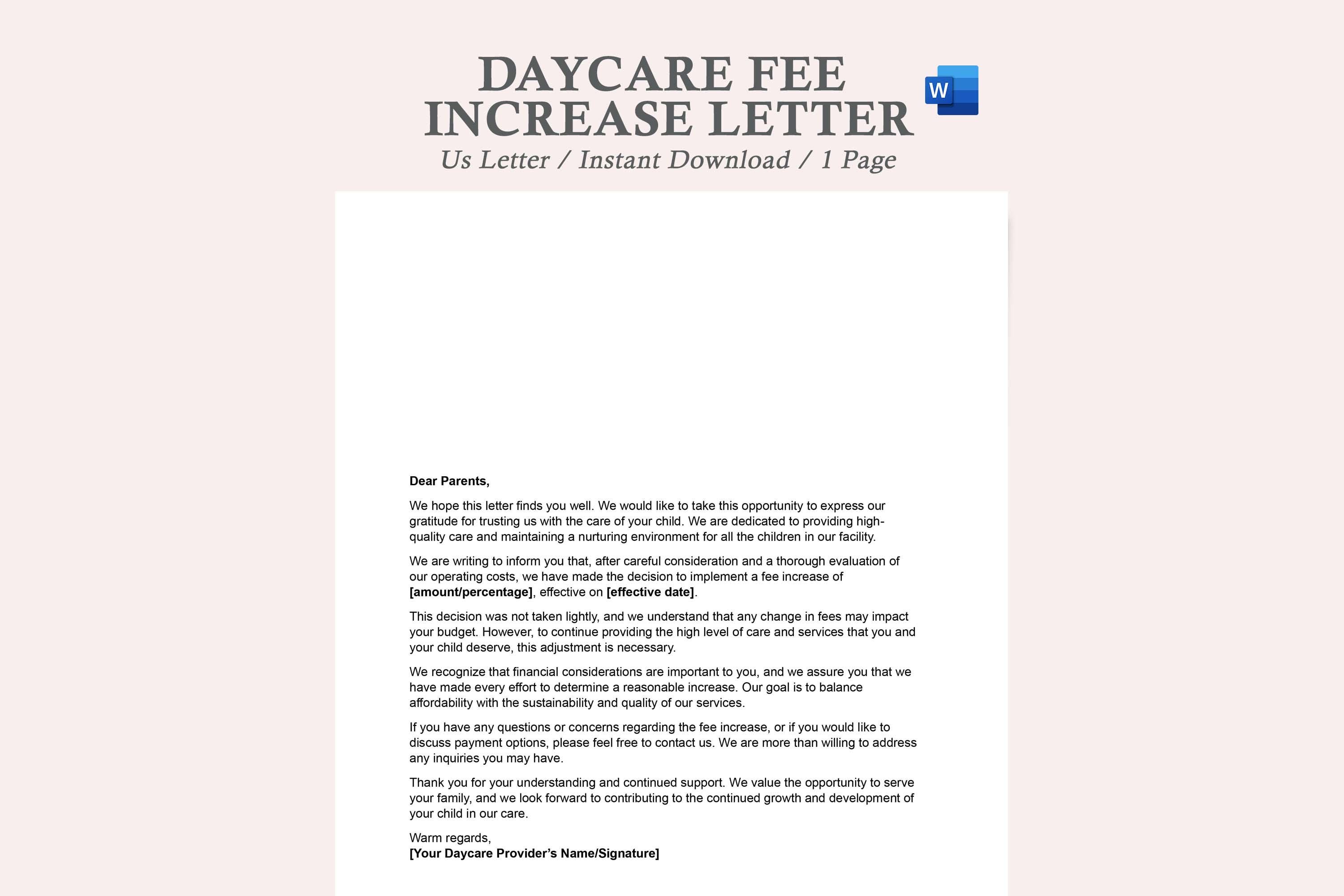 Daycare Fee Increase Letter,daycare Tuition Increase Letter,daycare ...