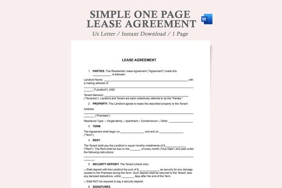 One Page Rental Agreement RESIDENTIAL RENTAL AGREEMENT Dated 1.