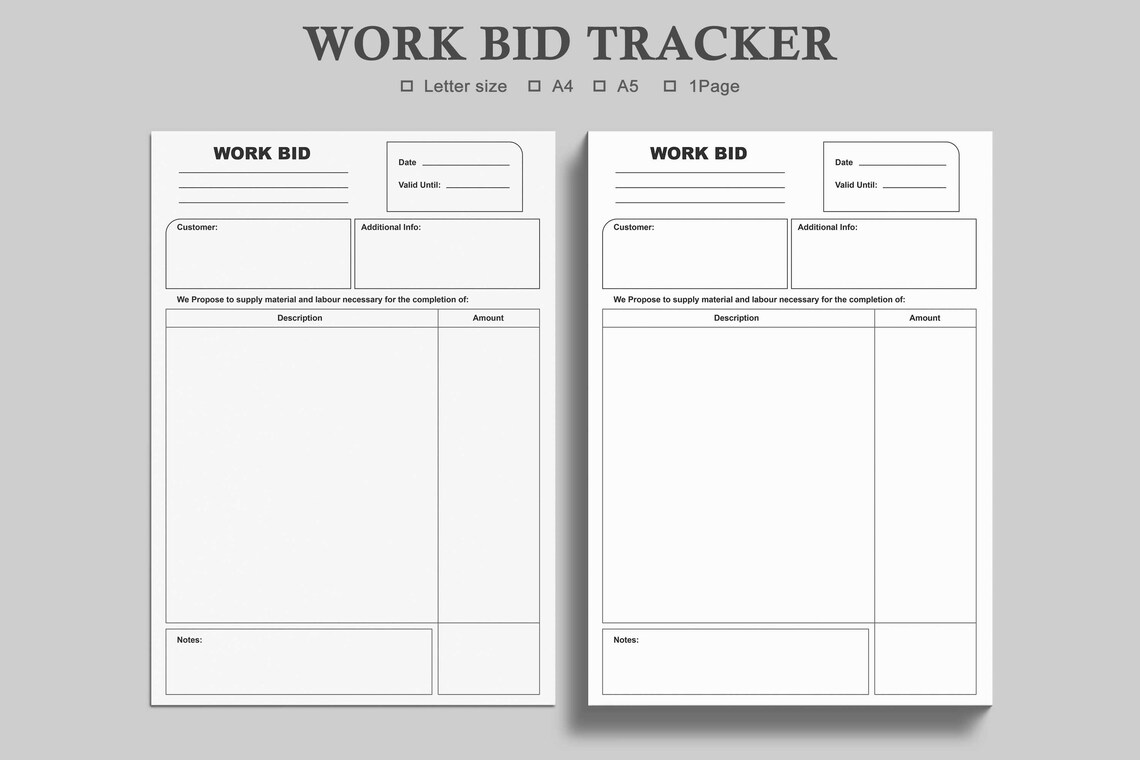 Work Bid Trackerwork Bid Printablejob Proposalcompany | Etsy