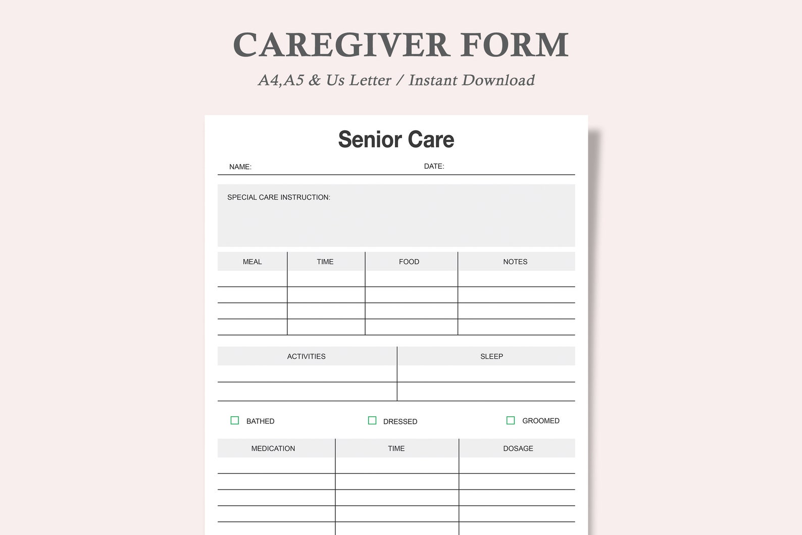Senior Care Printablecaregiver Formscaregiver - Etsy