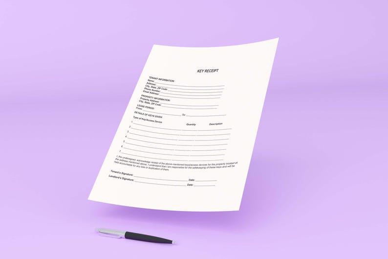 Key Receipt Form Template,key Received Form,key Receipt for Tenants,key ...