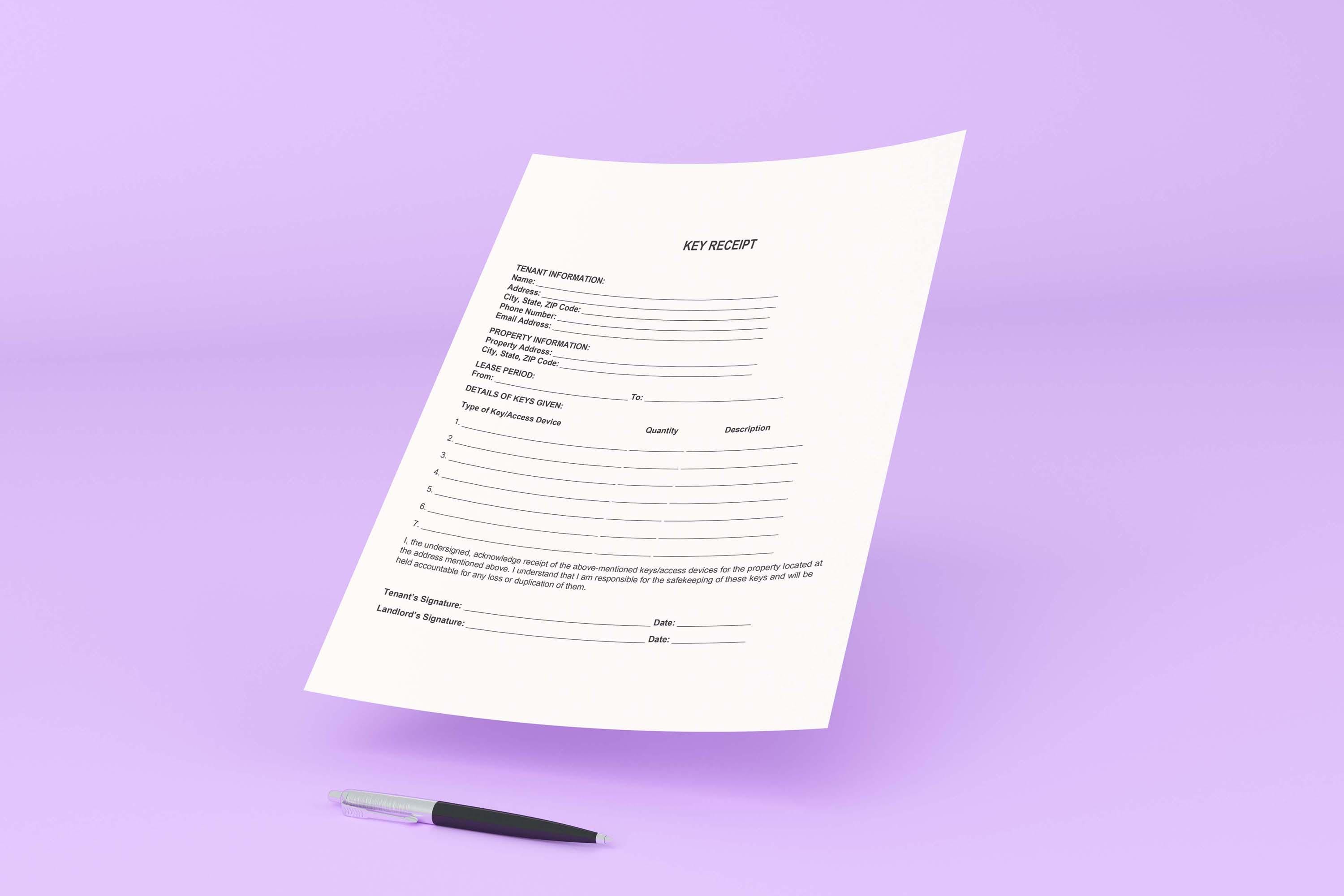 Key Receipt Form Template,key Received Form,key Receipt for Tenants,key ...