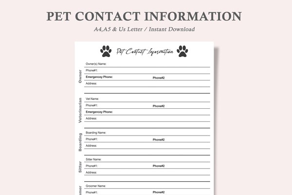 Printable Pet Profile, Pet Bio Print, Dog Biography, Cat Information ...