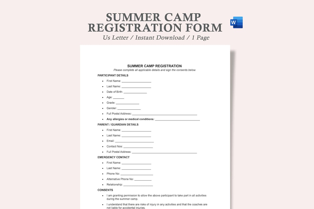 Summer Camp Registration Form,summer Camp Registration Form Template ...