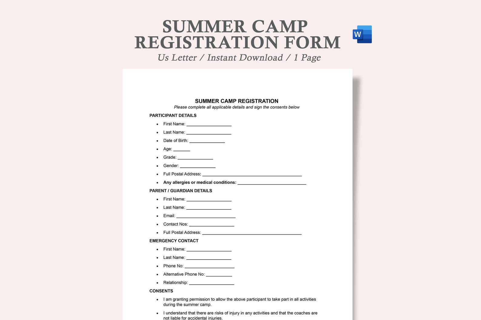Summer Camp Registration Form,summer Camp Registration Form Template ...