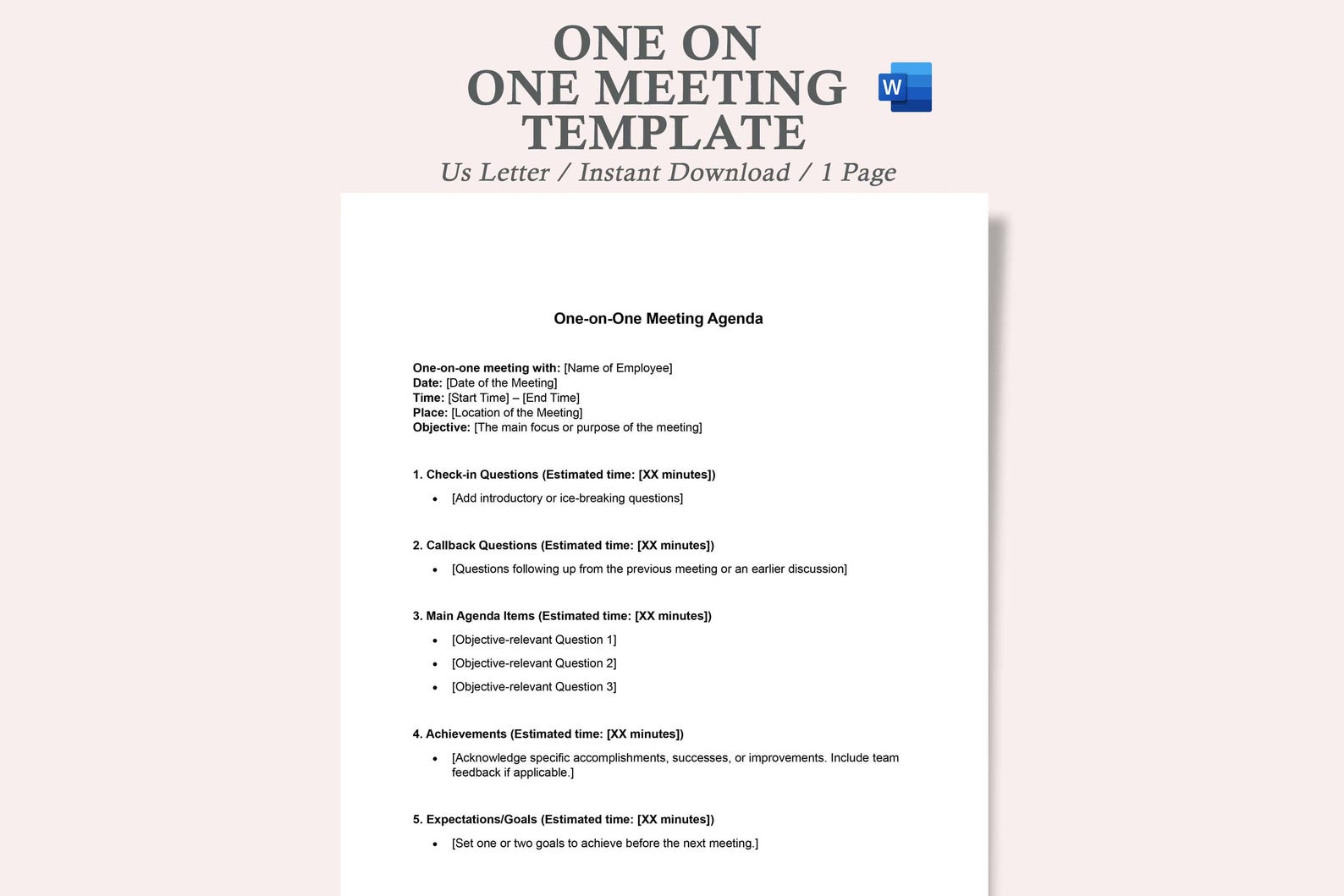 One on One Meeting Template,1 1 Meeting Agenda Template,one on One ...