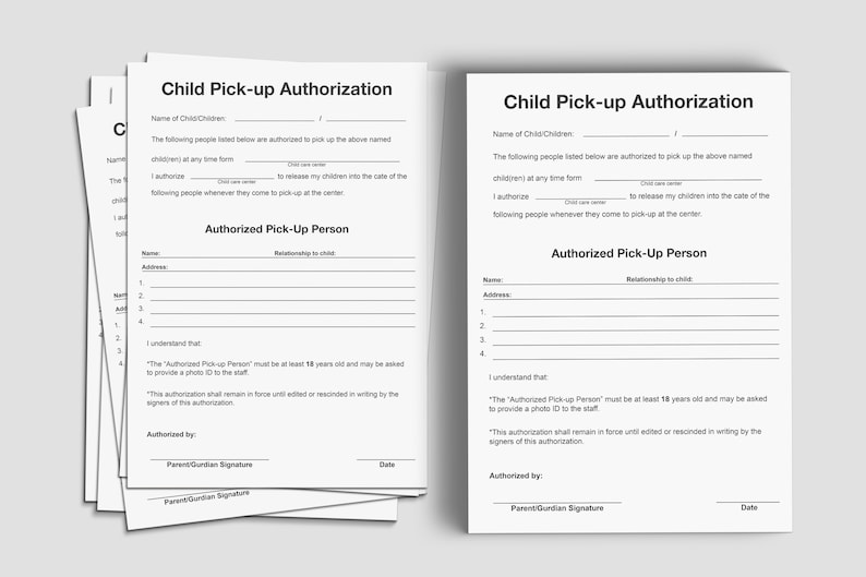 Child Pick-up Authorization Form,daycare Pickup Authorization Form - Etsy