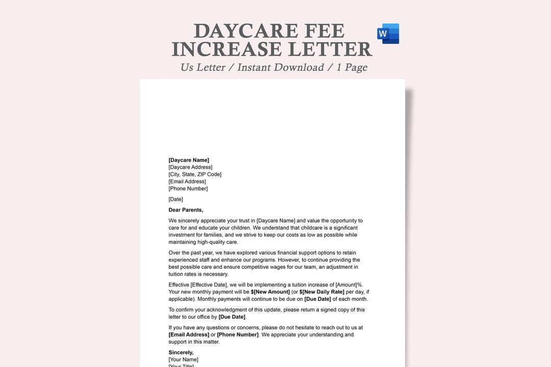Daycare Fee Increase Letter,daycare Tuition Increase Letter,fee ...