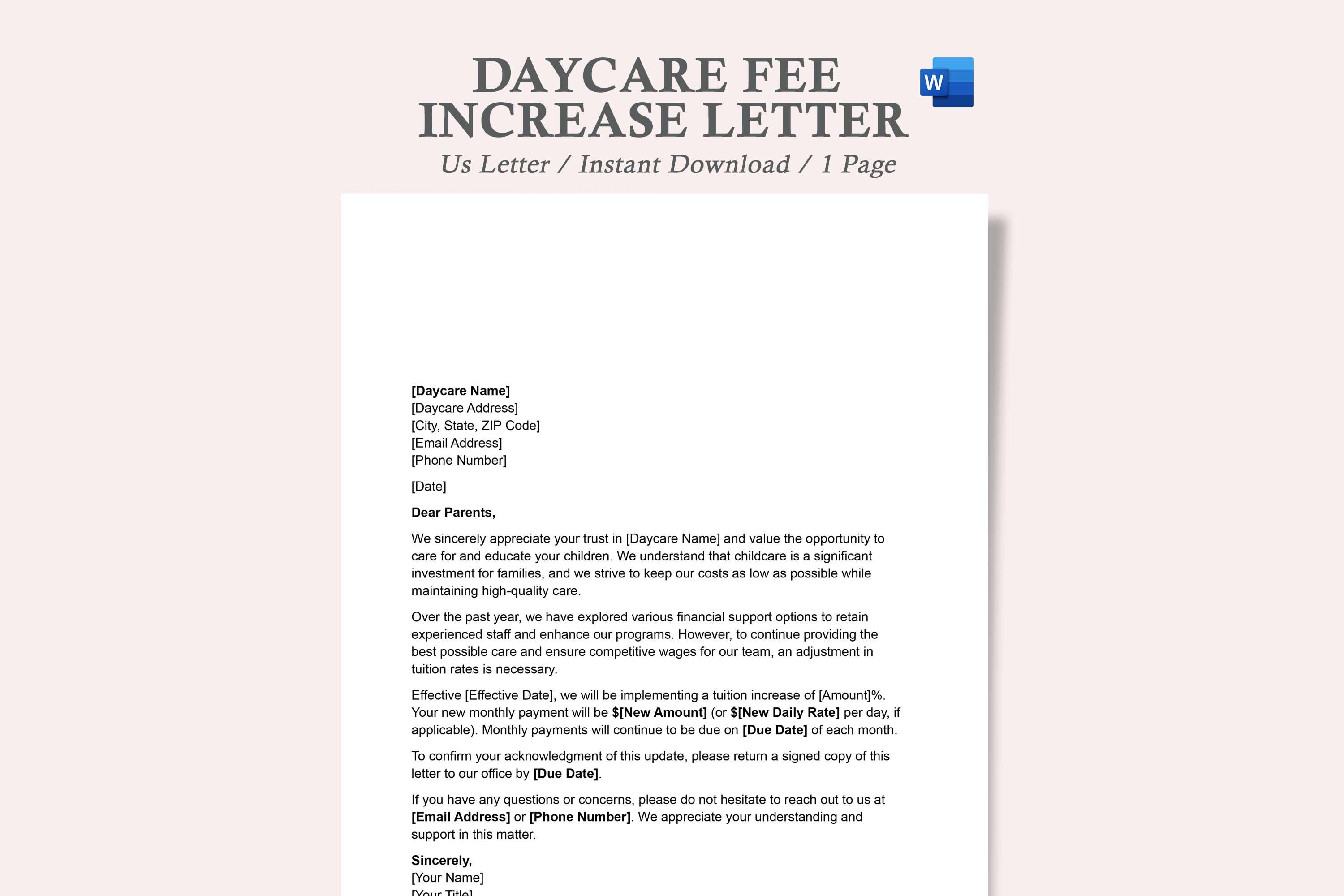 Daycare Fee Increase Letter,daycare Tuition Increase Letter,fee ...