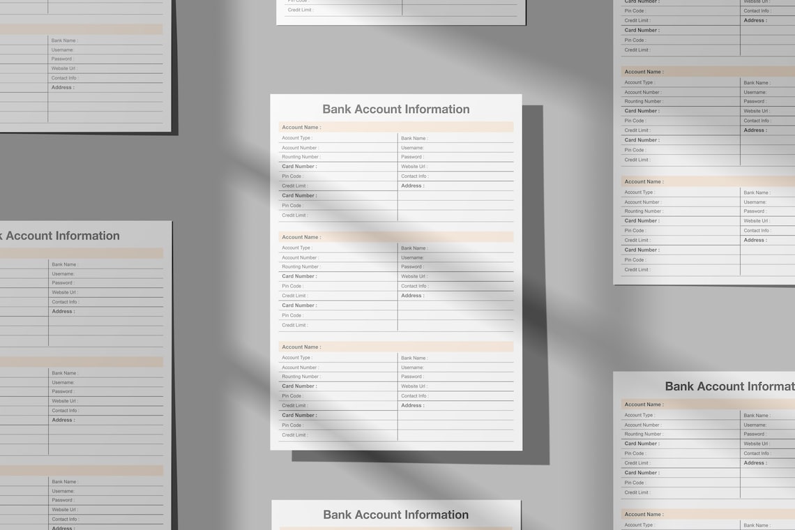 Bank Account Tracker,bank Account Info,bank Account Log,account Info ...