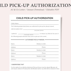 Child Pick-up Form,daycare Forms,daycare Provider,childcare Forms,child ...
