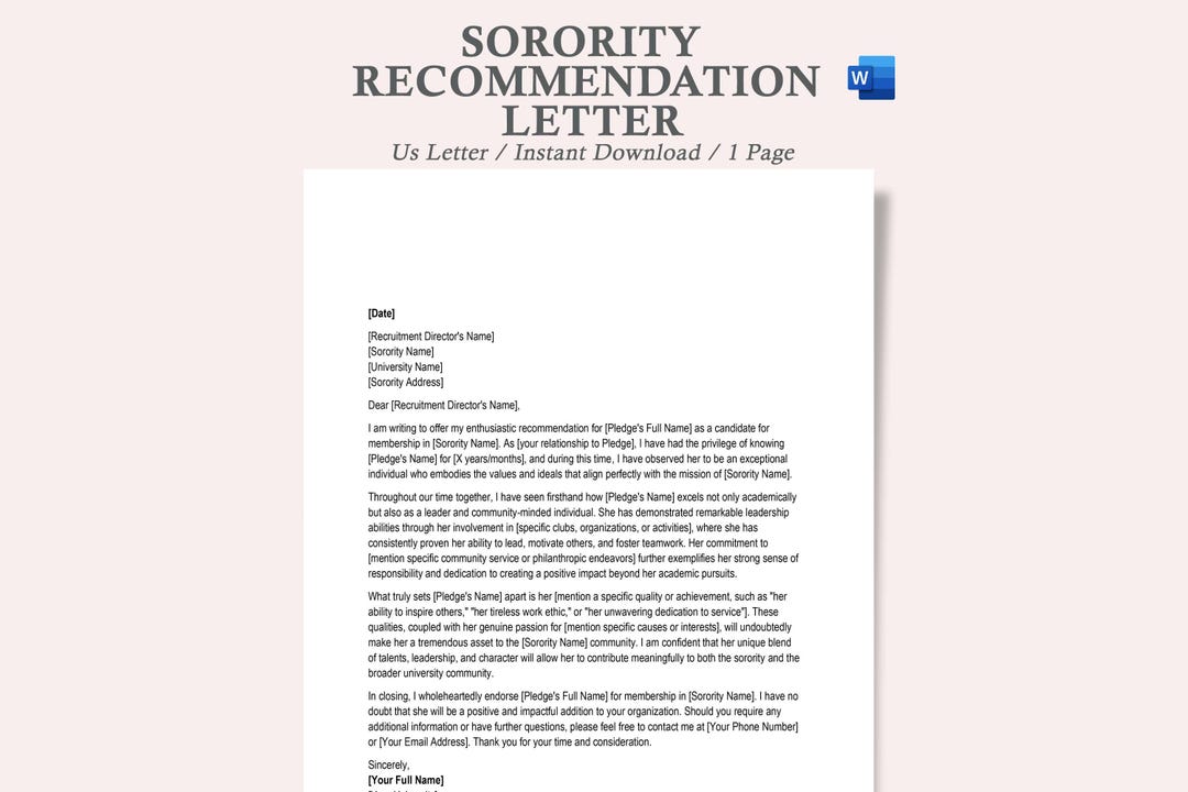Sorority Recommendation Letter,letter of Recommendation to a Sorority ...
