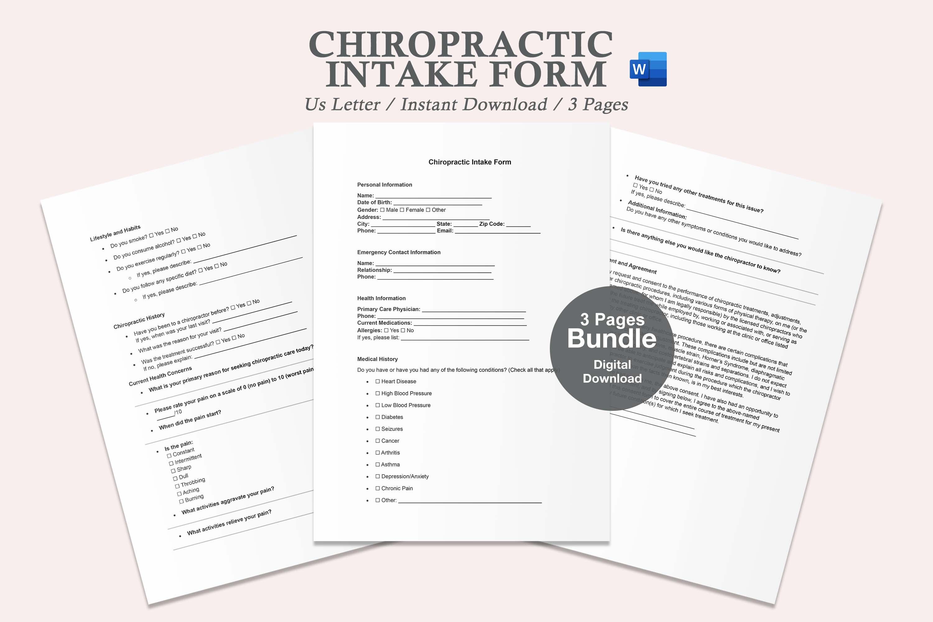Chiropractic Intake Form,chiropractic Intake Paperwork,editable ...