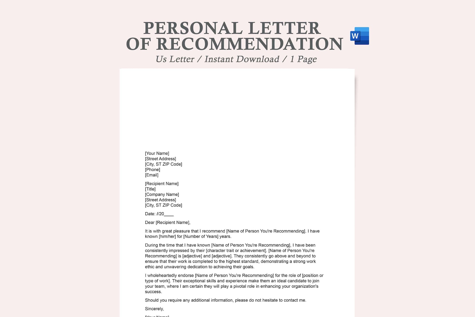 Personal Letter of Recommendation Template,recommendation Letter ...