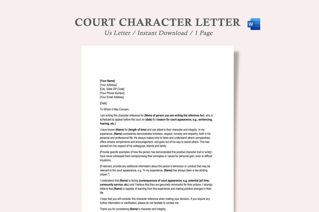 Character Letter for Judge,court Character Letter,letter of Recommendation for Court,character ...