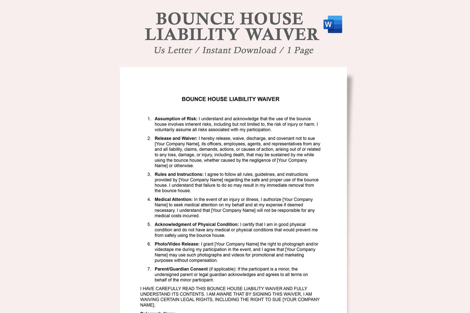 Bounce House Waiver Form,bounce House Rental Waiver Form,bounce House ...