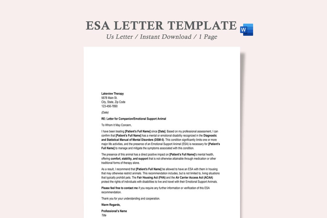 Emotional Support Animal Letter,esa Letter,esa Letter Template,support ...