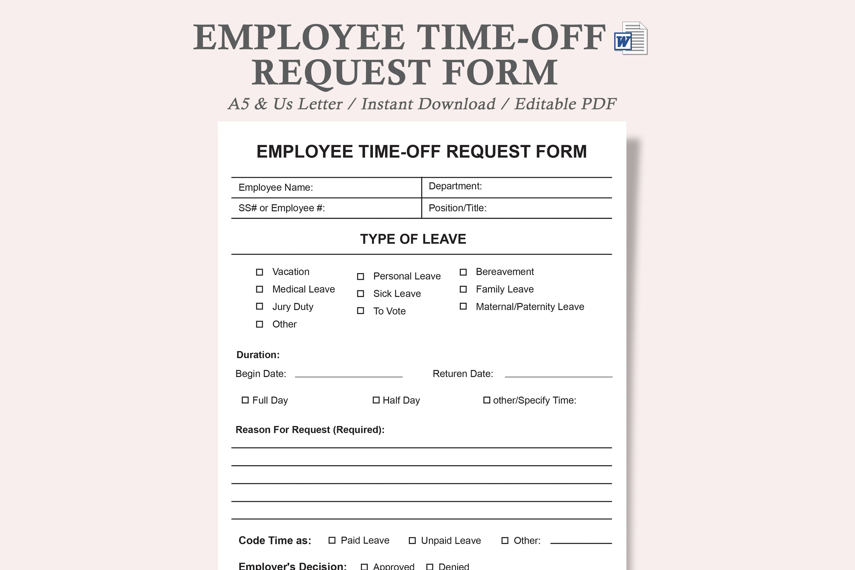 Time off Request Form,vacation Request Form,employee Time off Request ...