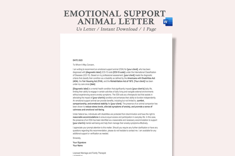 Emotional Support Animal Letter,esa Letter,esa Letter Template,support ...