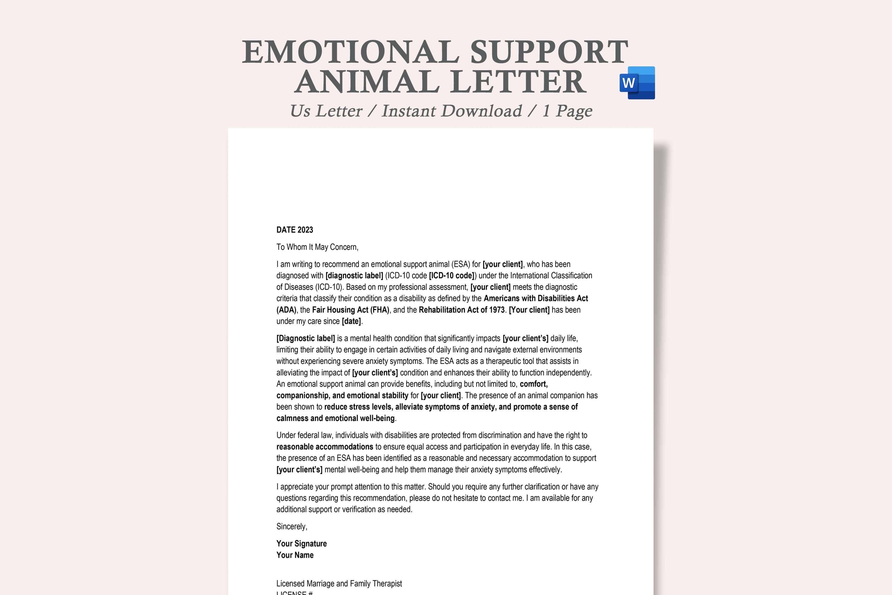 Emotional Support Animal Letter,esa Letter,esa Letter Template,support ...