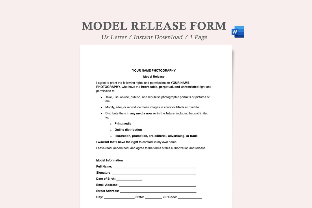 Model Release Form,model Release Form Template,model Release Agreement ...