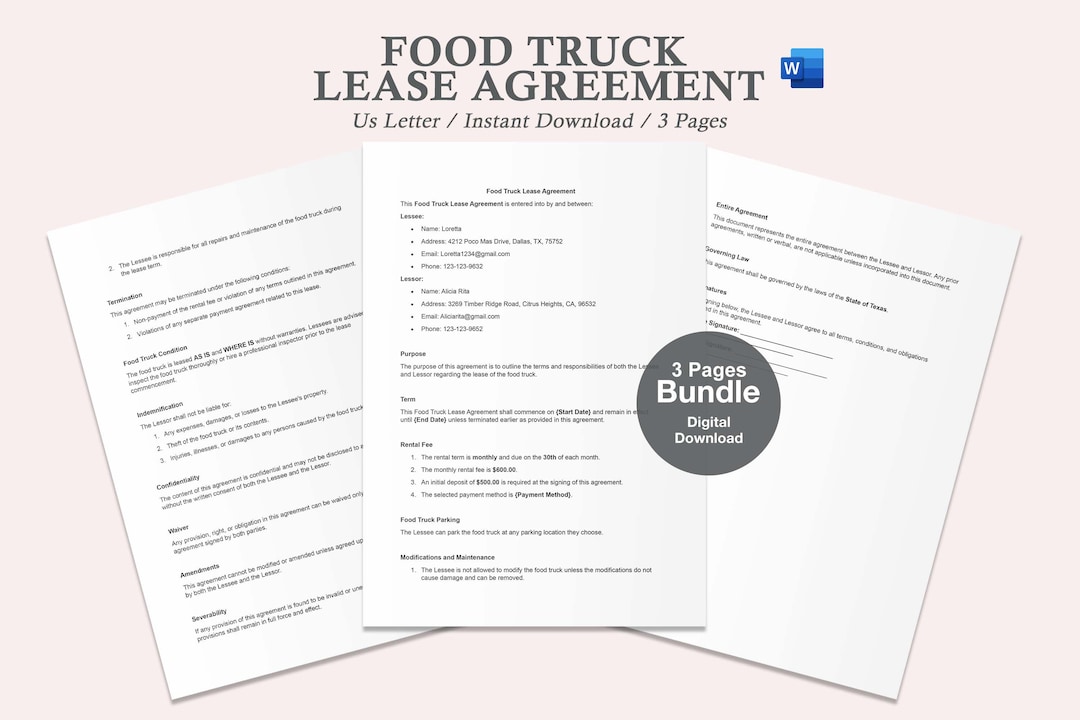 Food Truck Lease Agreement,food Truck Rental Agreement,food Truck Lease ...