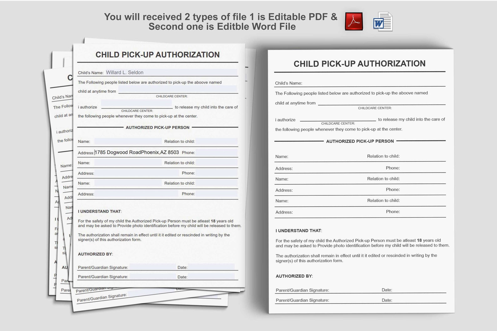Child Pick-up Form,daycare Forms,daycare Provider,childcare Forms,child ...