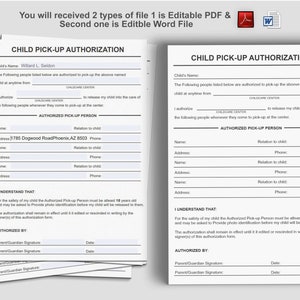 Child Pick-up Form,daycare Forms,daycare Provider,childcare Forms,child ...
