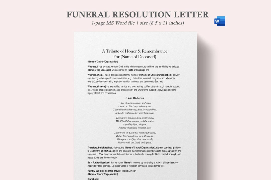 Funeral Resolution Letter,funeral Resolution Template,memorial ...