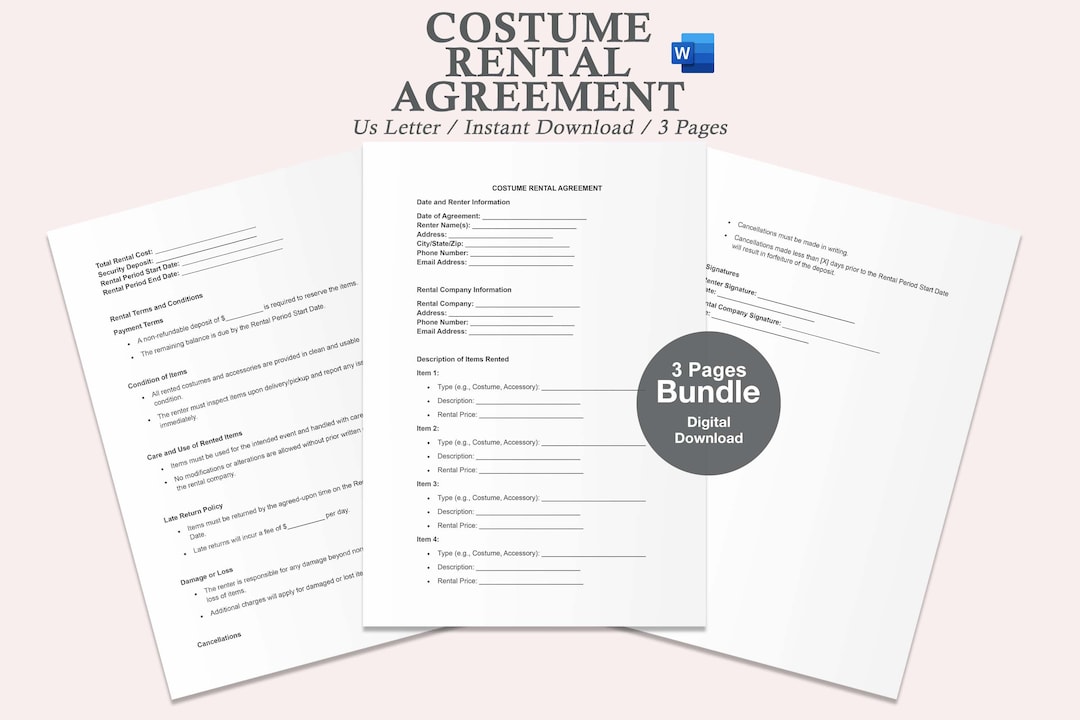 Costume Rental Agreement,costume Rental Agreement Template,costume ...