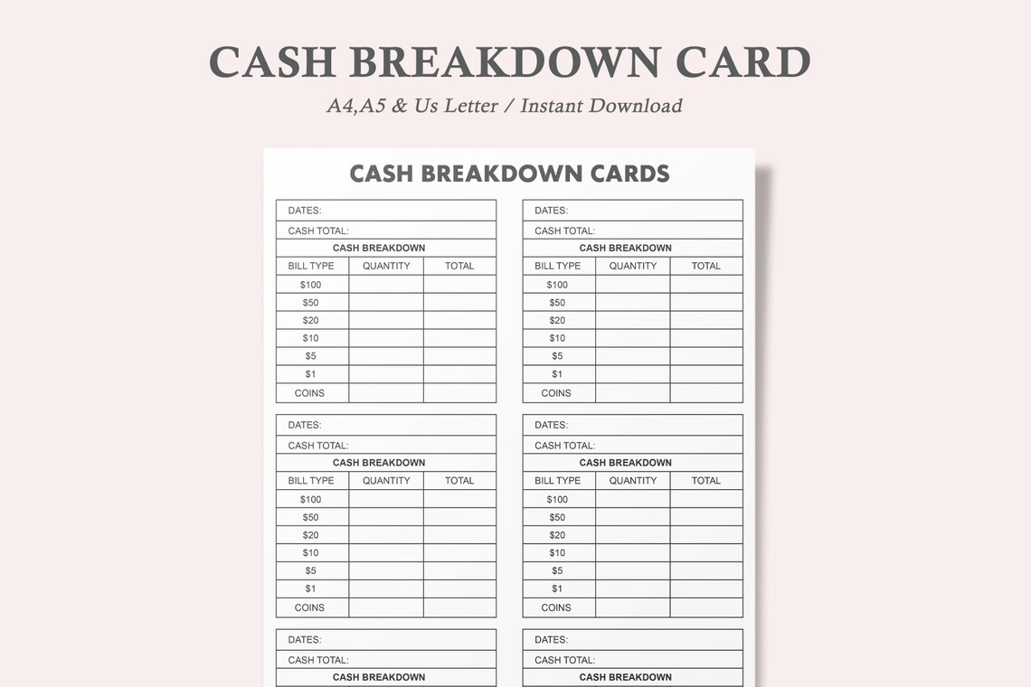 Cash Breakdown Card,cash Breakdown Sheet,cash Breakdown Sheet Printable ...