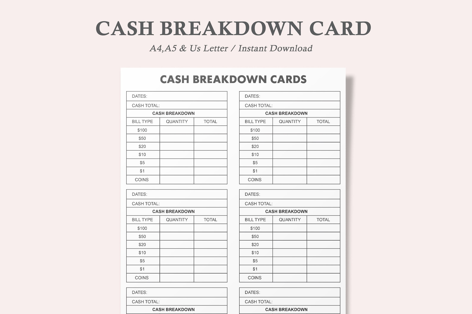 Cash Breakdown Card,cash Breakdown Sheet,cash Breakdown Sheet Printable ...
