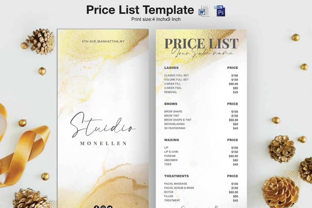 Gold Price List Template,editable Price List Template,salon Price List ...