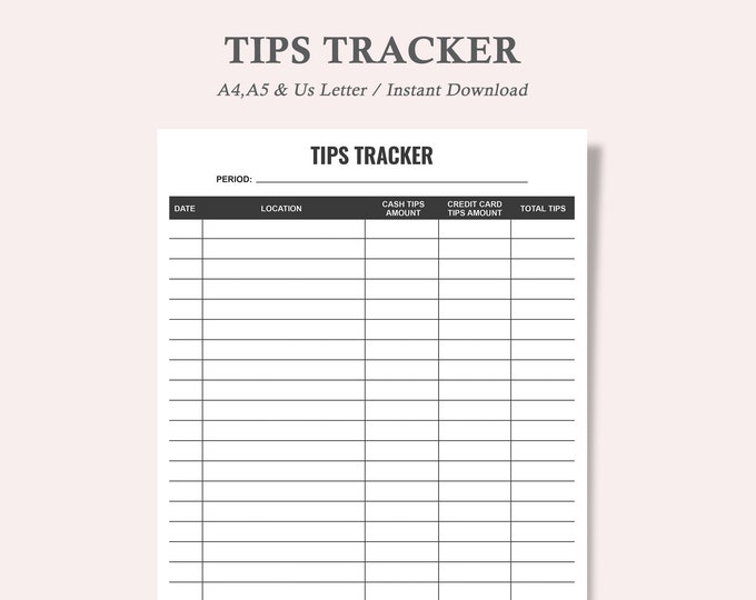 Printable Hours and Tips Tracker, Cash Tips Tracker, Card Tips Tracker ...