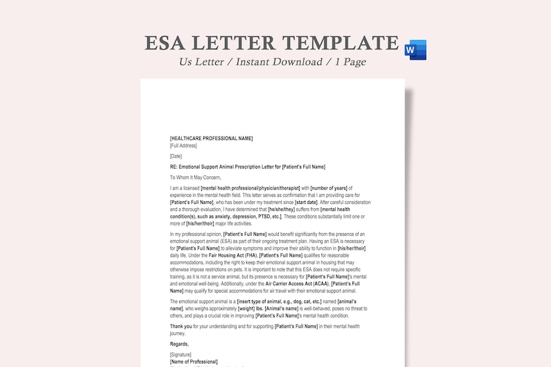 Emotional Support Animal Letter,esa Letter Template,support Animal ...