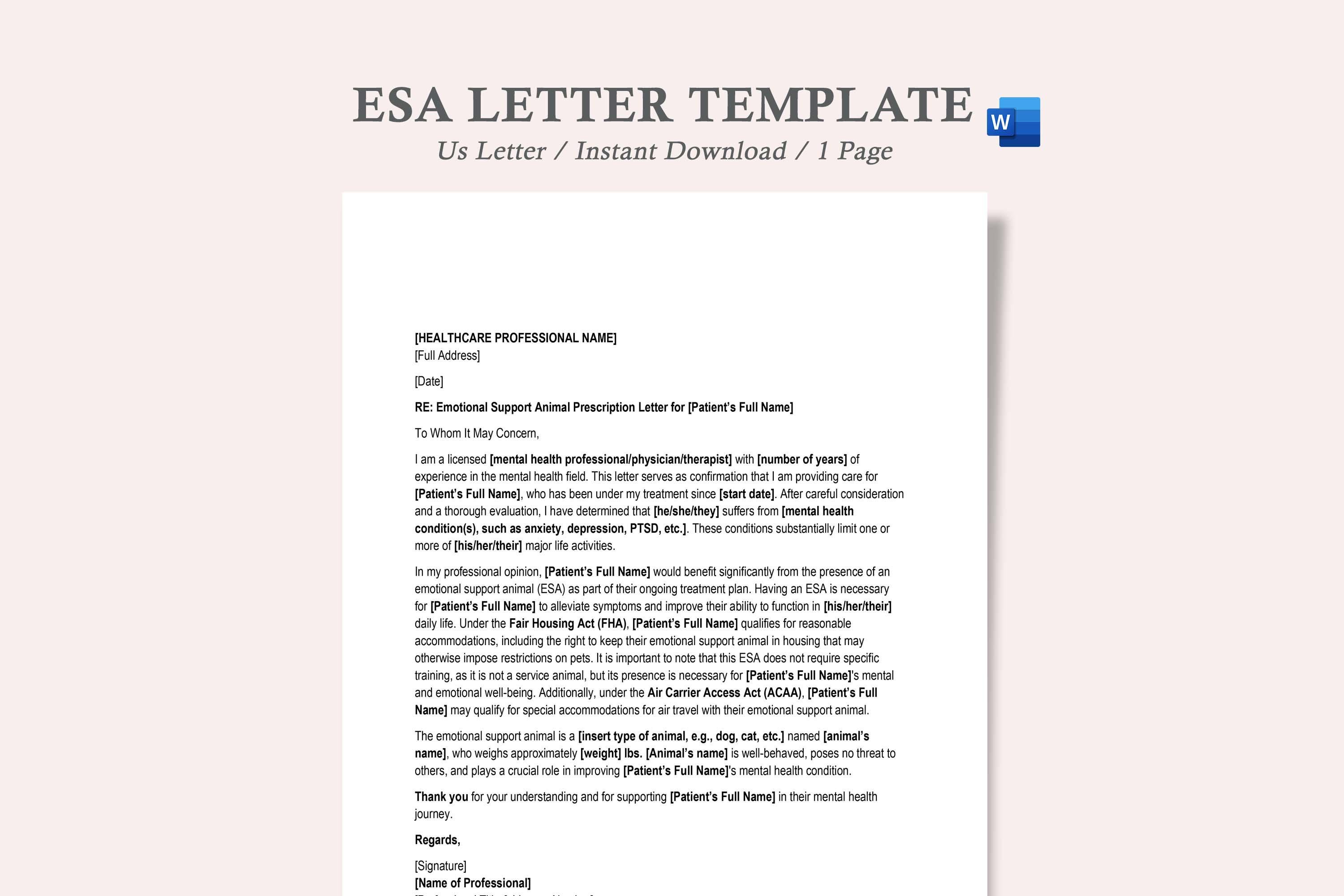 Emotional Support Animal Letter,esa Letter Template,support Animal ...