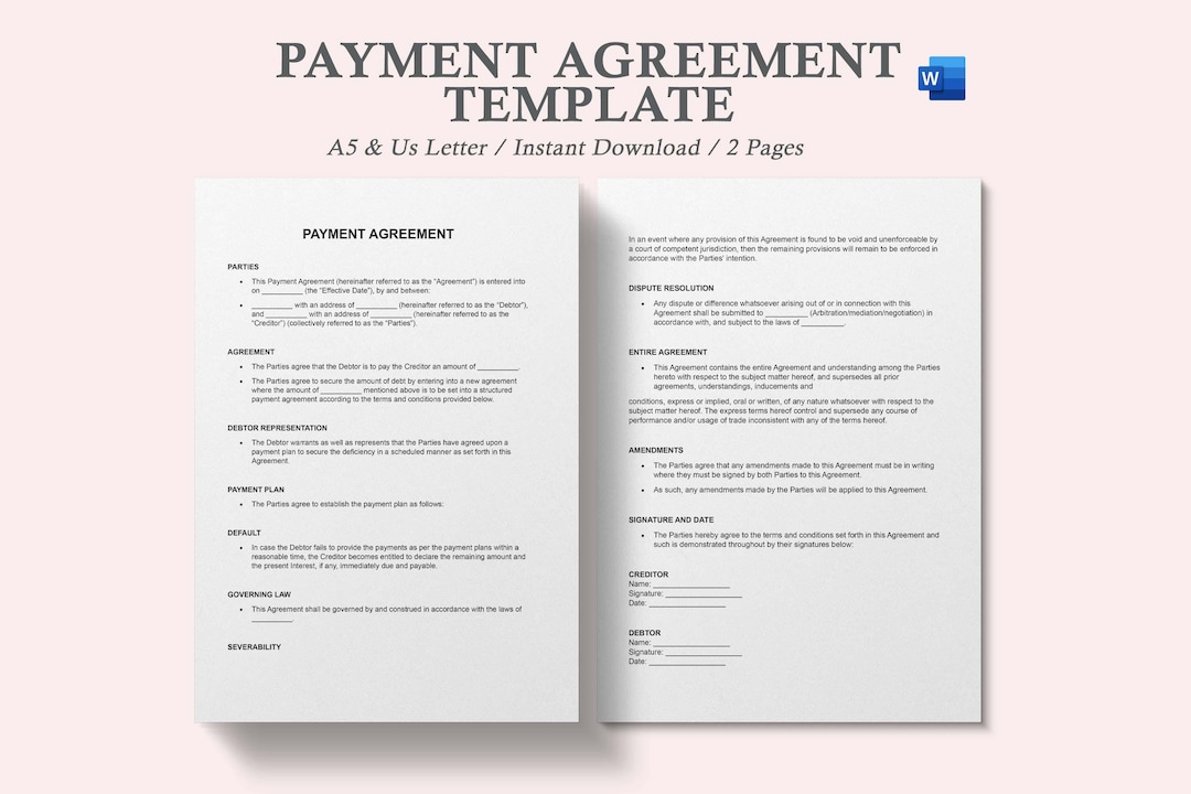 Payment Agreement Template,payment Agreement,simple Payment Agreement ...