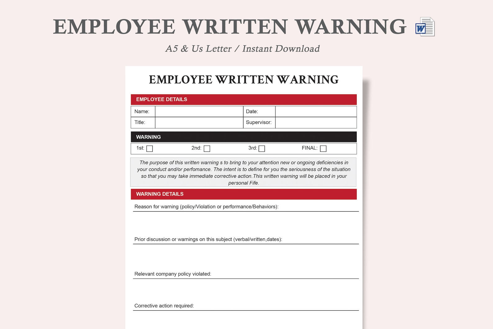 Employee Written Warning From,employee Write Up,employee Warning Notice ...