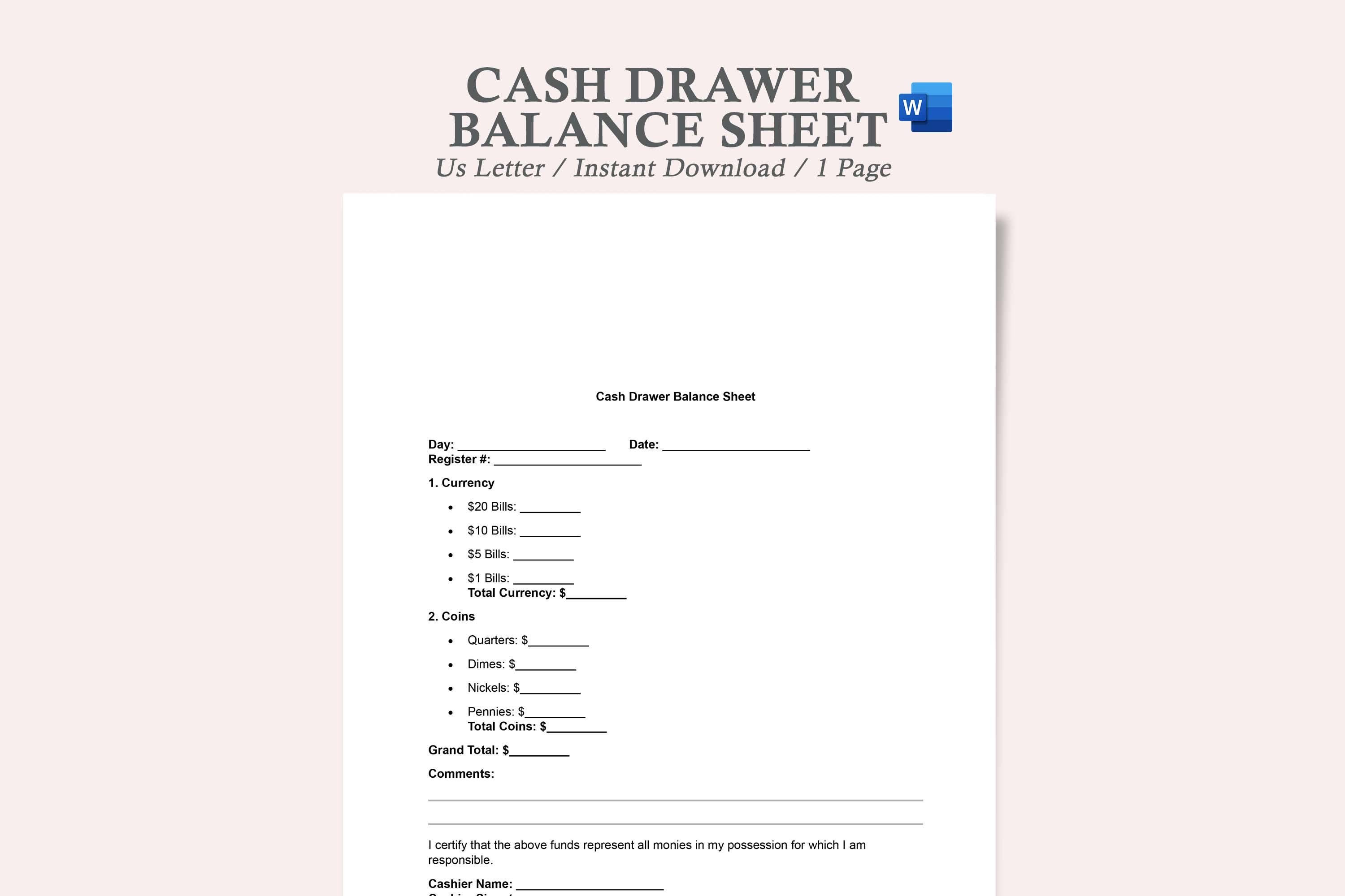 Cash Drawer Balance Sheet,cash Drawer Count Sheet,printable Daily Cash ...