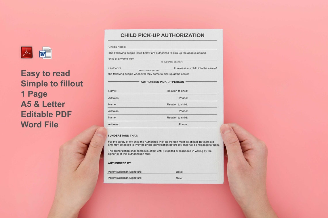 Child Pick-up Form,daycare Forms,daycare Provider,childcare Forms,child ...
